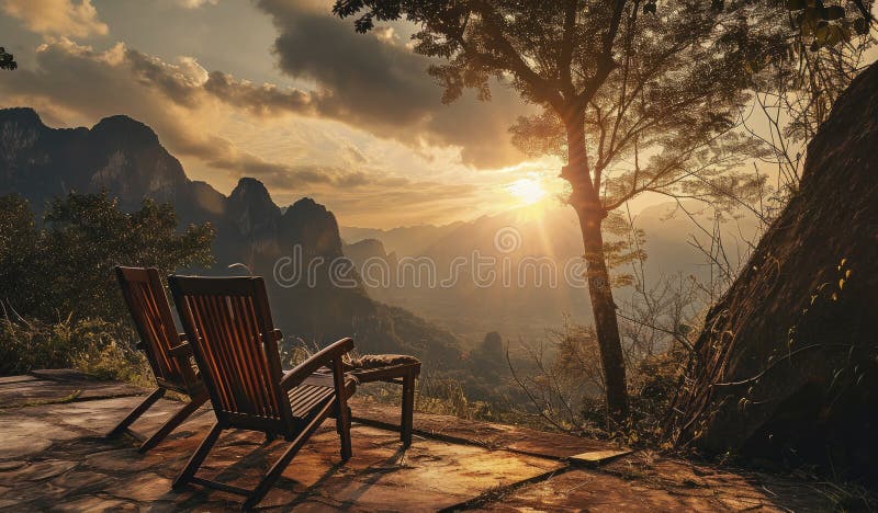 Two Rocking Chairs on a Balcony Overlooking a Beautiful Sunrise Stock ...