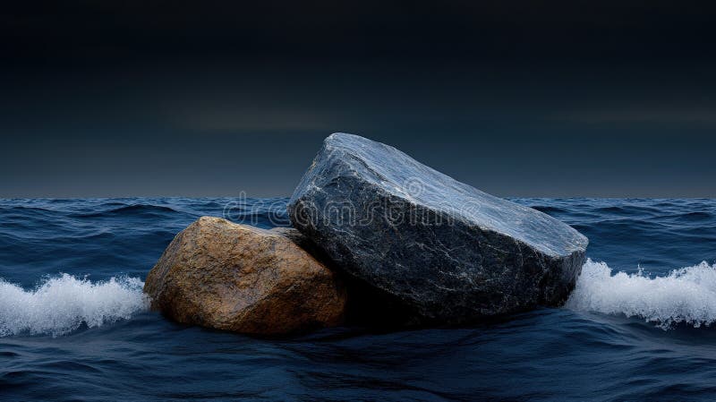 Two Rocks Submerged in Ocean Water with Waves Gently Lapping Around ...
