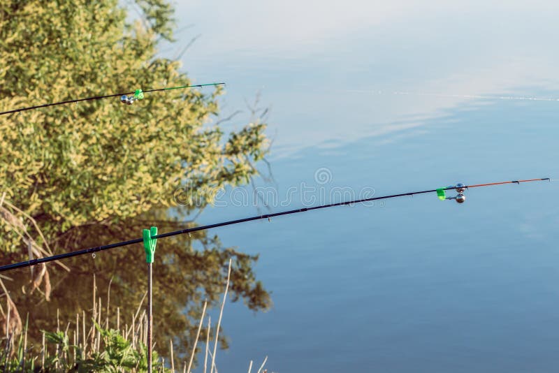 Fishing Rod on the River in Summer on Nature Stock Image - Image of ...