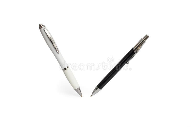 Two Roller Ball Pens Standing and Levitating on White Background, Close ...