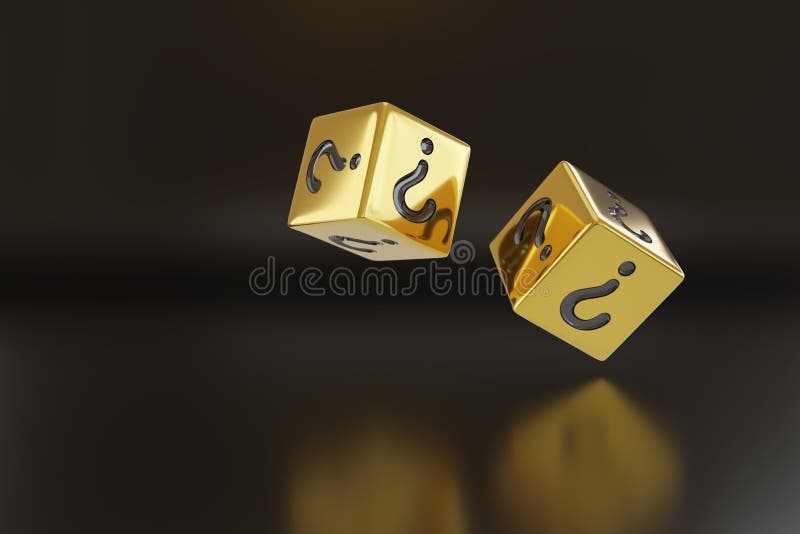 Two Rolling Golden Dice with Question Marks on Their Faces Isolated on ...