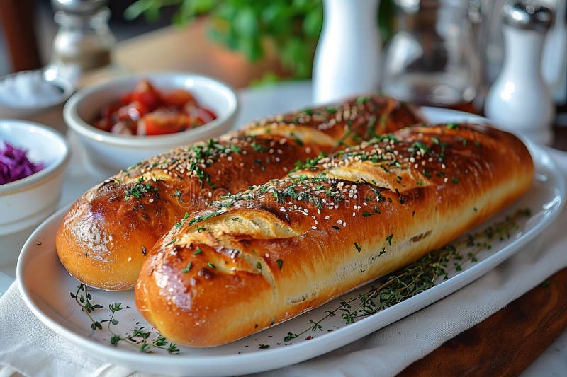 Two Rolls of Bread on a Plate Stock Photo - Image of indoor, banh ...