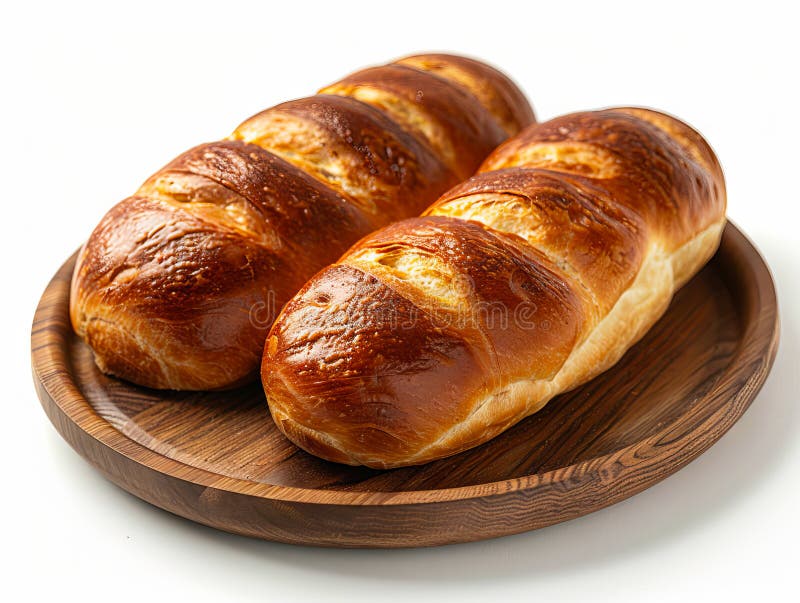Two Rolls of Bread on a Wooden Plate Stock Image - Image of goods ...