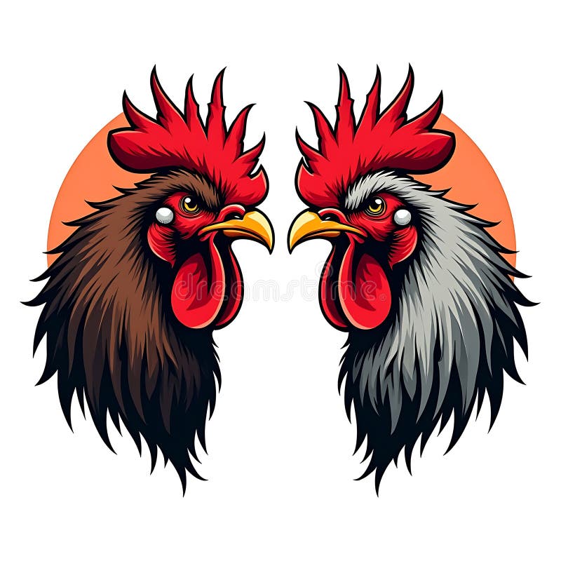 Two Rooster Heads Facing Each Other with Red Combs on a White ...