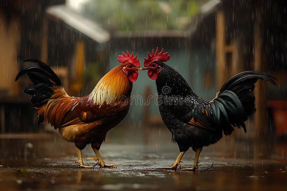Two Roosters Facing Each Other in the Rain Stock Illustration ...