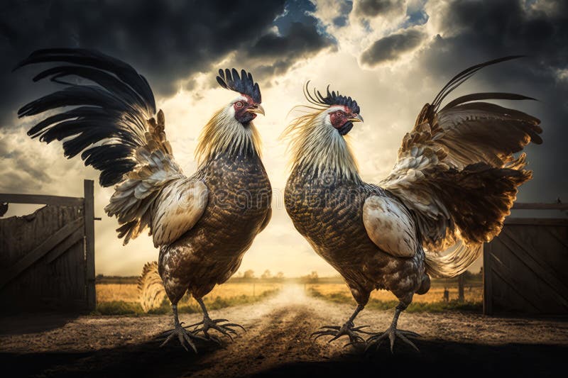 Two Roosters Standing in Front of Dirt Road. Generative AI Stock ...