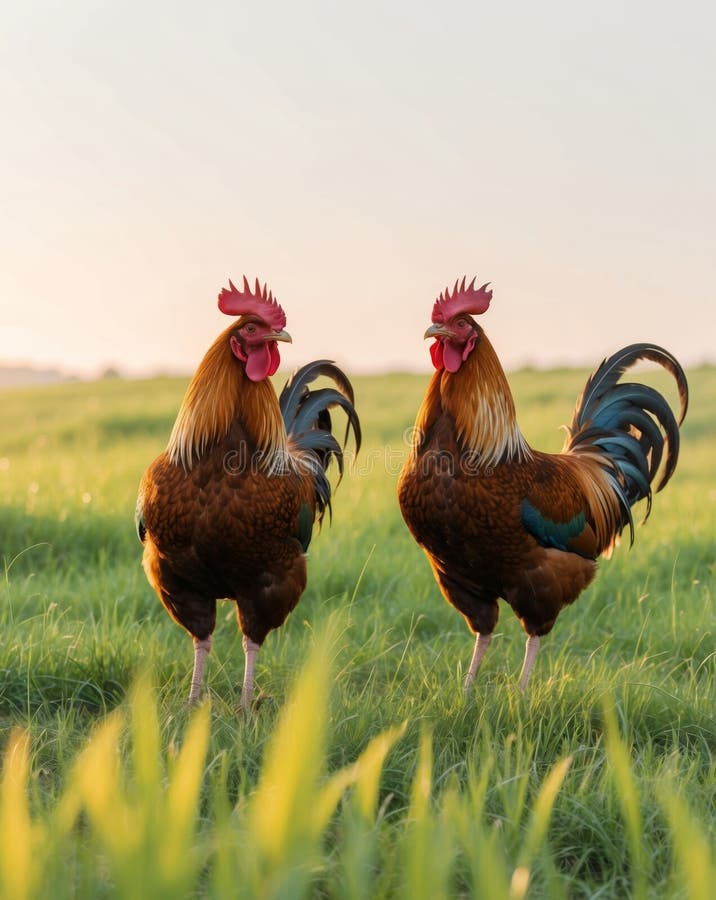 Two Roosters at Sunrise in a Grassy Field Stock Image - Image of game ...