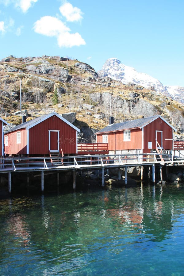 Two Rorbuer Mirroring in Nusfjord Stock Photo - Image of house ...