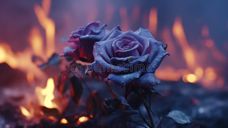 Two Roses are in Front of a Fire and Some Flames, AI Stock Illustration ...