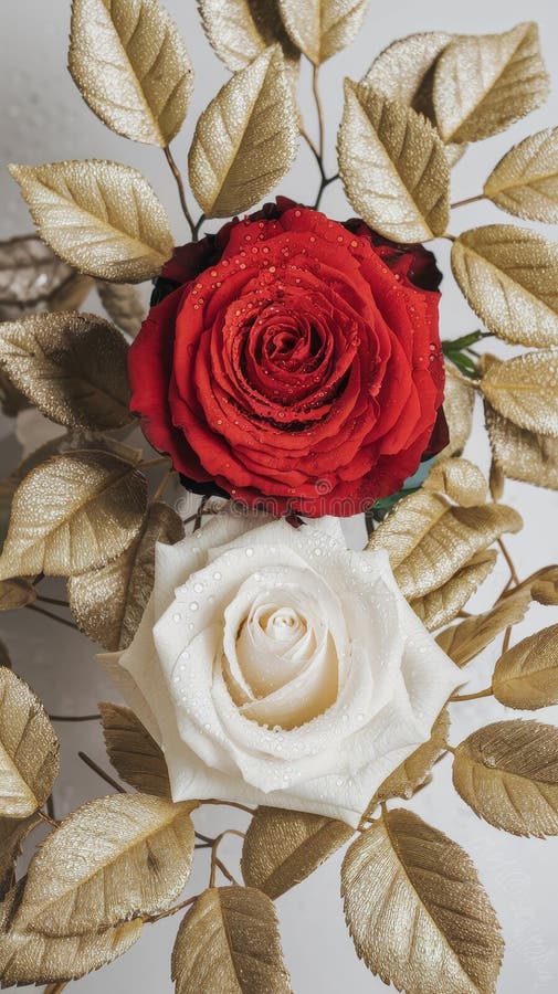 Two Roses, One Red and One White, are on a Gold Leaf Background Stock ...