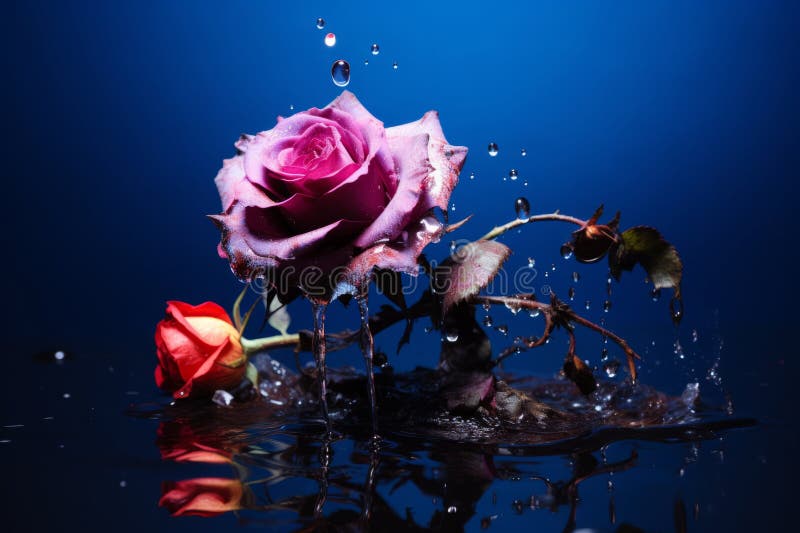 Two Roses are Splashed with Water on a Blue Background Stock ...
