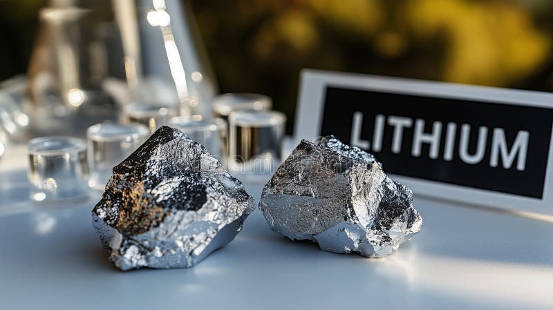 Two Rough, Metallic Lithium Rocks Displayed in Lab with Sign Labeled ...