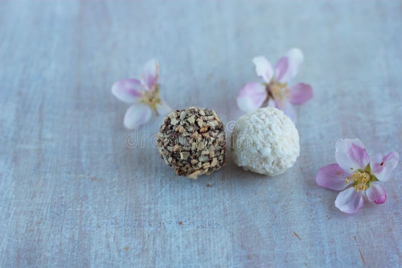 Two Round Candies - Chocolate with Nuts and Coconut Flakes Stock Photo ...