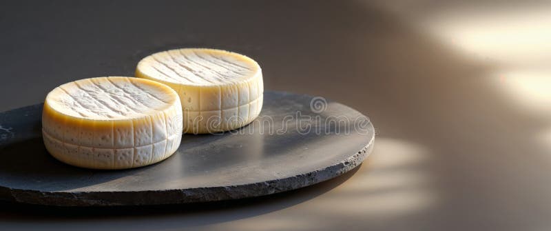 Two Round Cheese Wheels on Dark Stone Serving Tray. Stock Photo - Image ...