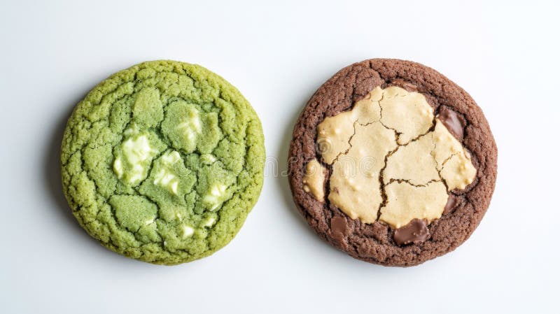 Two Round Cookies on White Background: Green Tea and Chocolate Chip ...