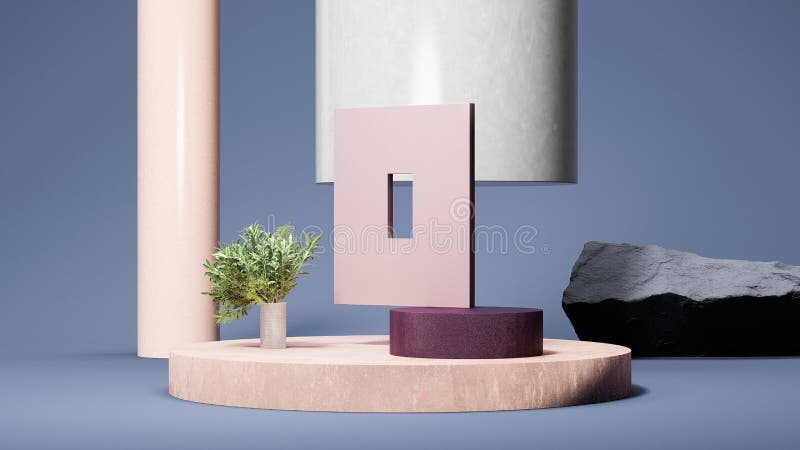 Two Round Podiums Display, Square Frame and Big Column on the Blue ...