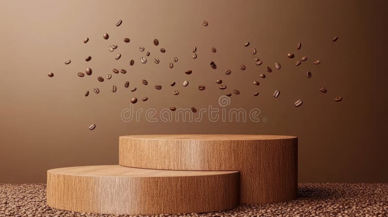 Two Round Wooden Podiums with Flying Coffee Beans on a Brown Background ...