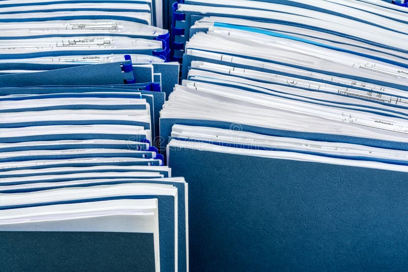 Two Row of Blue Folders with Documents in Paper Box, Close-up Paperwork ...
