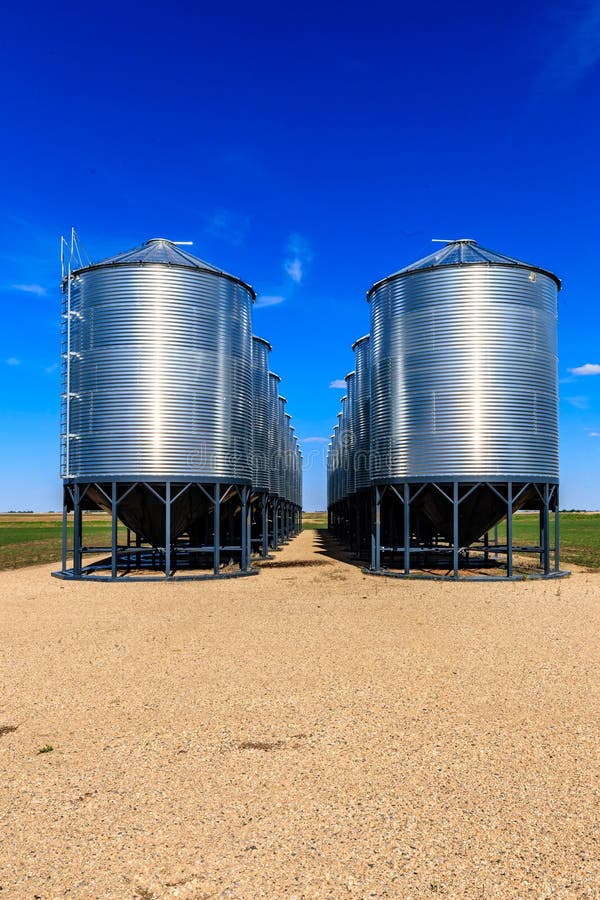 Two Rows of Large Metal Tanks are Lined Up in a Field Stock Photo ...