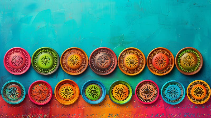 Two Rows of Multi-colored Decorative Plates on a Blue Background with a ...