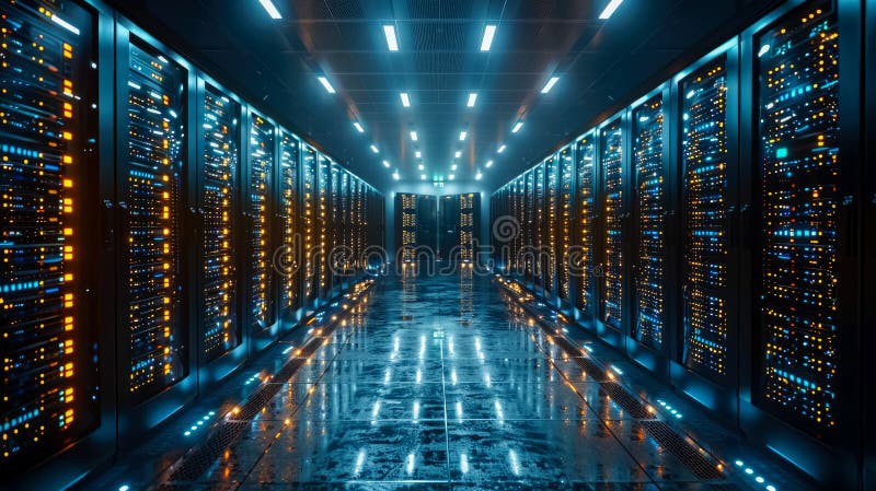 Two Rows of Server Racks in Modern Data Center S Dark Room, Illuminated ...