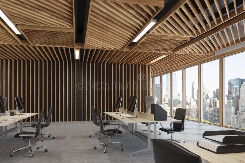 Two Rows Wooden Open Space Office Stock Illustration - Illustration of ...