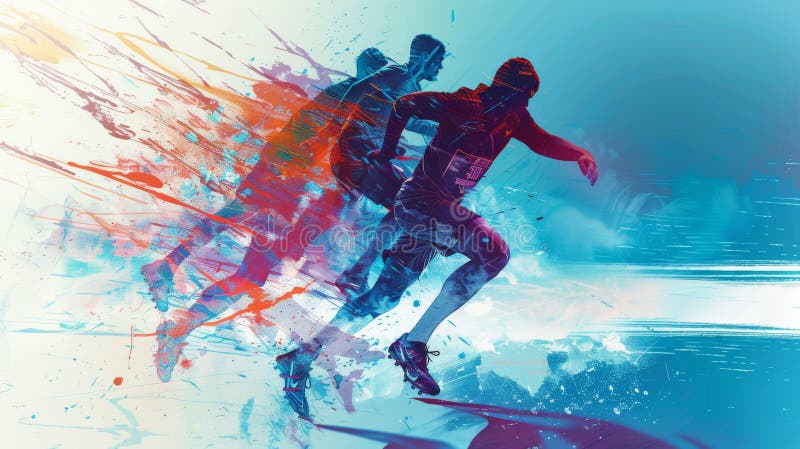 Two Runners in Motion, Captured with a Vibrant Splash of Abstract Paint ...