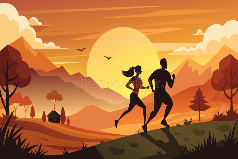 Two Runners Pace Together Against a Backdrop of a Sunset and Fall ...
