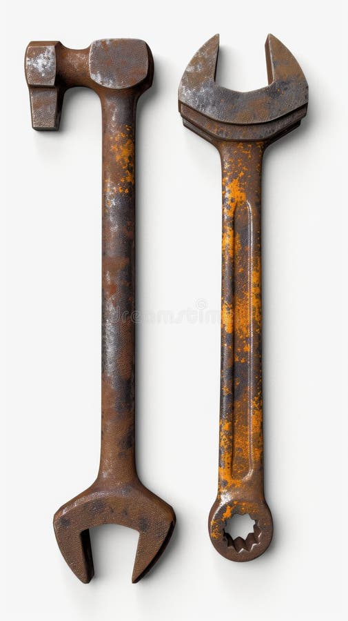 Two Rusted Tools - Hammer and Wrench with Corrosion Texture Stock Photo ...
