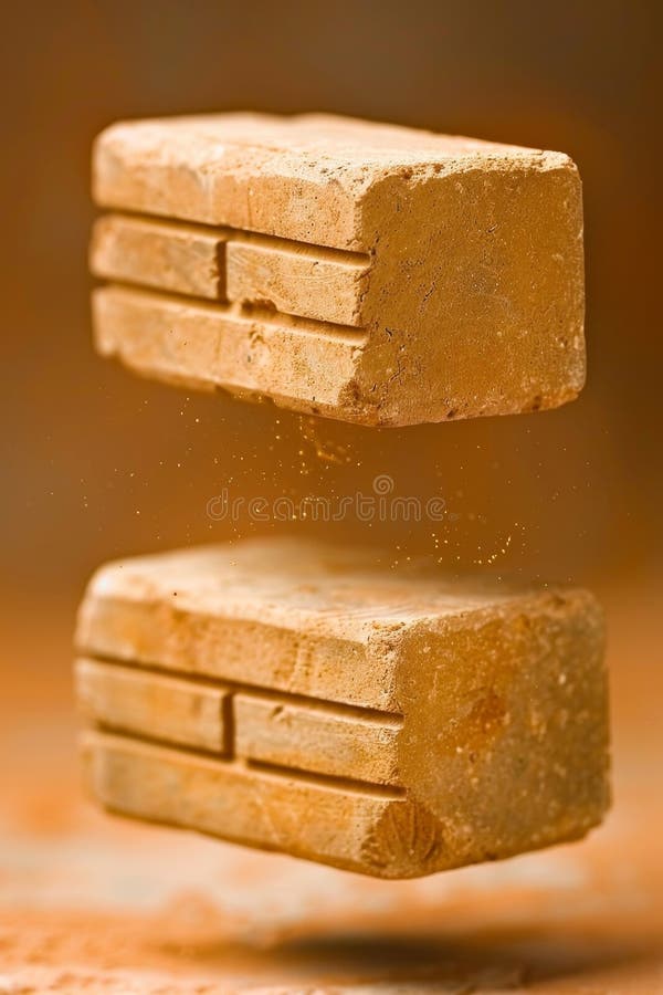 Two Rustic Bricks Suspended in Mid-Air, Isolated on Tan Background ...