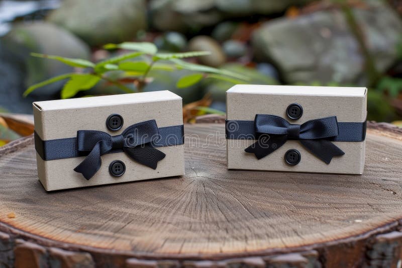 Two Rustic Gift Boxes Wrapped with Black Ribbon and Button Details ...