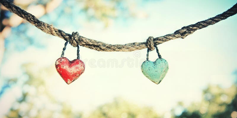 Two Rustic Hearts Hanging on Rope Outdoor Romantic Love Stock ...