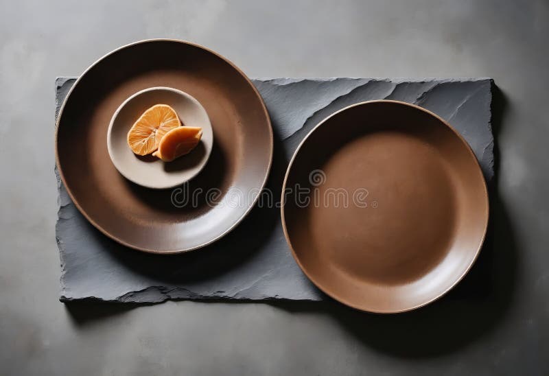 Two Rustic Plates on Gray Background Empty Brown Clay Plate Stock ...
