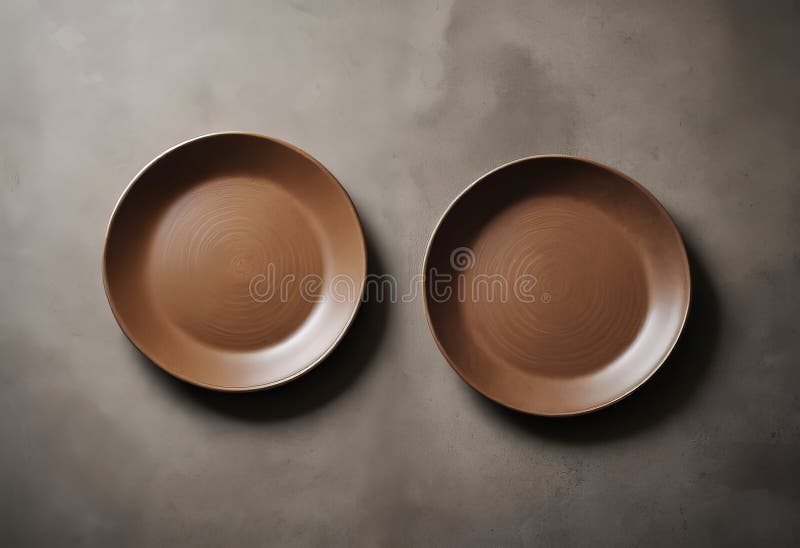 Two Rustic Plates on Gray Background Empty Brown Clay Plate Stock ...