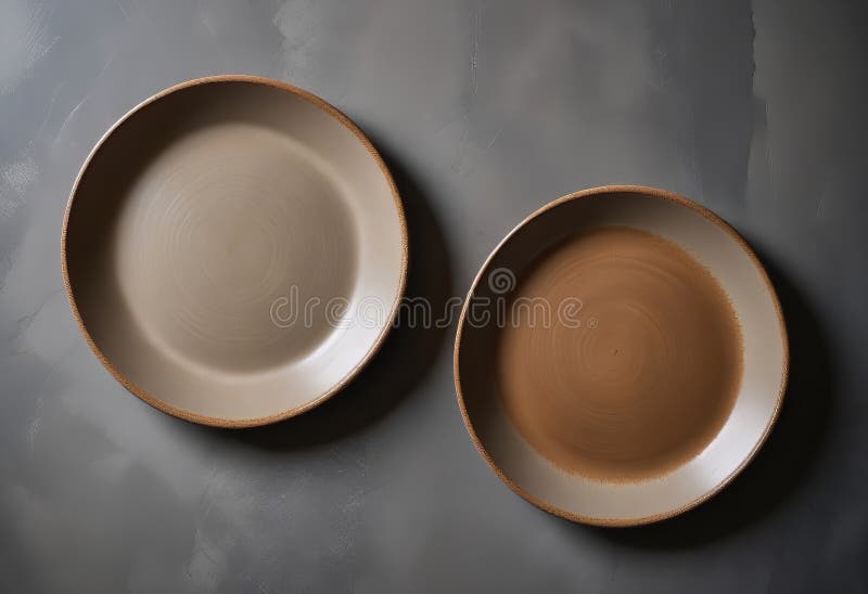 Two Rustic Plates on Gray Background Empty Brown Clay Plate Stock ...