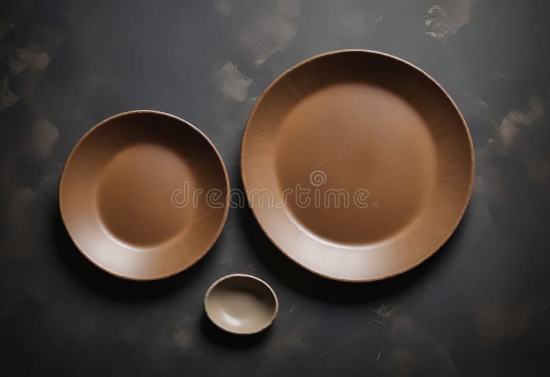 Two Rustic Plates on Gray Background Empty Brown Clay Plate Stock ...