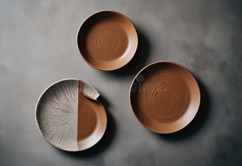 Two Rustic Plates on Gray Background Empty Brown Clay Plate Stock ...