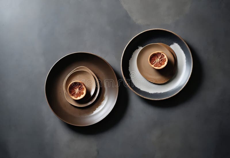 Two Rustic Plates on Gray Background Empty Brown Clay Plate Stock ...
