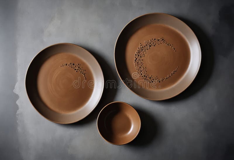 Two Rustic Plates on Gray Background Empty Brown Clay Plate Stock ...