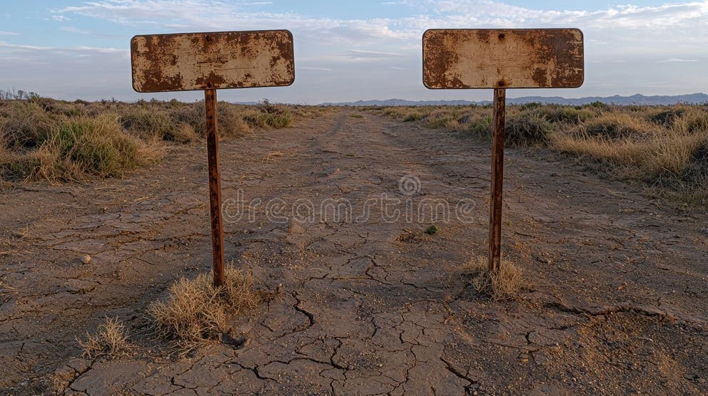 Two Rusty Blank Signs Stand on a Desolate Dirt Road in the Desert ...
