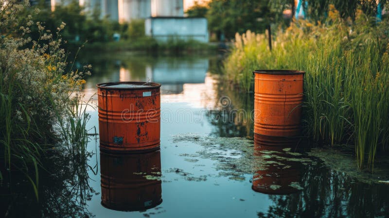Two Rusty Orange Barrels Partially Submerged in a Pond Stock Image ...