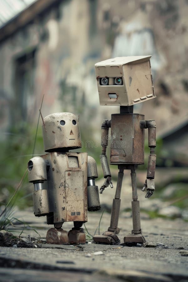 Two Rusty, Retro-styled Robots Stand on a Paved Surface in Front of an ...