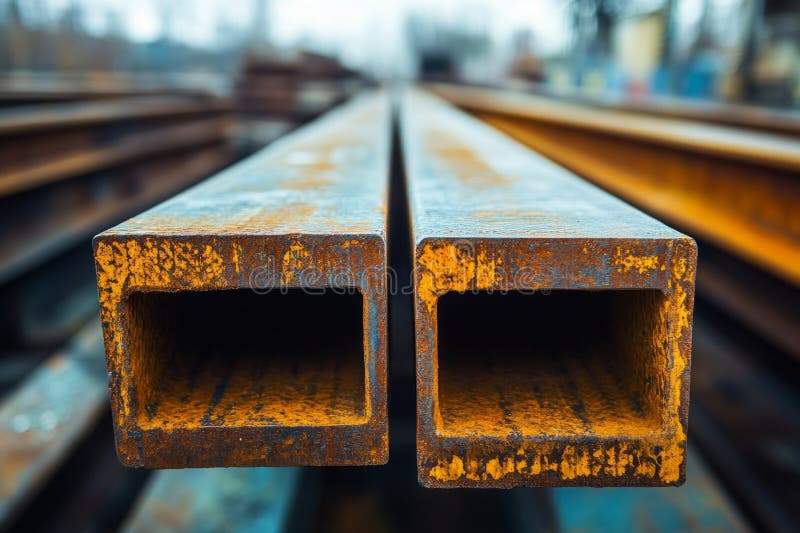 Two Rusty Square Metal Beams Lying in an Industrial Setting are Showing ...