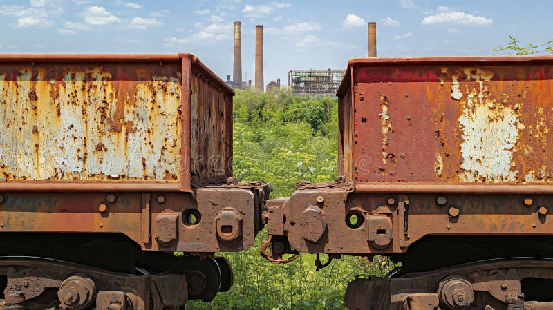 Two Rusty Train Carriages Staying Still in Front of Industrial Chimneys ...