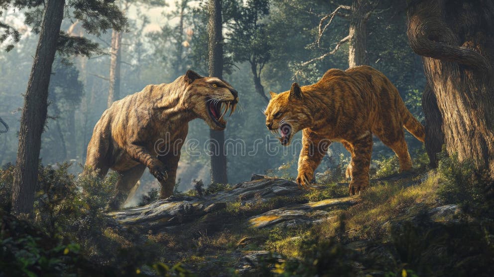 Two Sabertooth Cats Confronting in a Misty Forest Stock Illustration ...