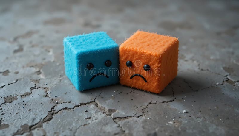 Two Sad Colorful Fuzzy Blocks with Faces on Cracked Concrete Surface ...