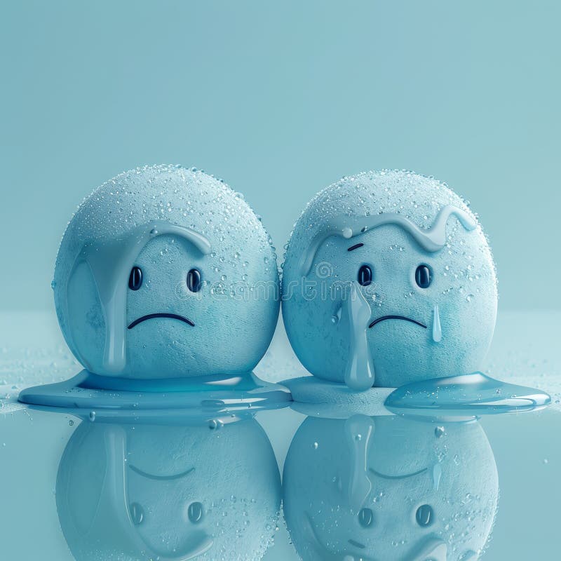 Two Sad Looking Blue Spheres with Faces are Melting on a Blue Surface ...