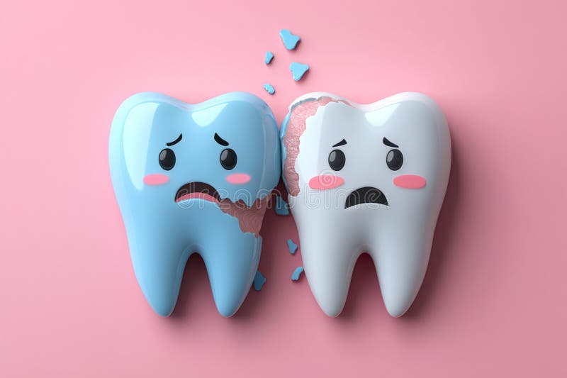 Two Sad Teeth Showing Dental Caries and Tooth Decay on a Pink ...