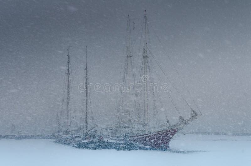Old Sailing Boat in a Heavy Blizzard Stock Image - Image of cane ...