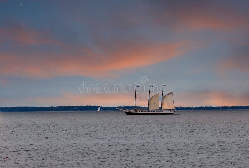 Two Sails on Three Masts at Sunset Stock Photo - Image of adventure ...